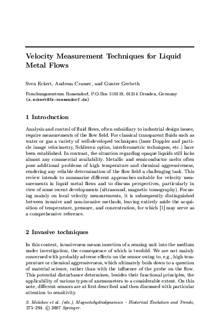 (PDF) Velocity Measurement Techniques for Liquid Metal Flows