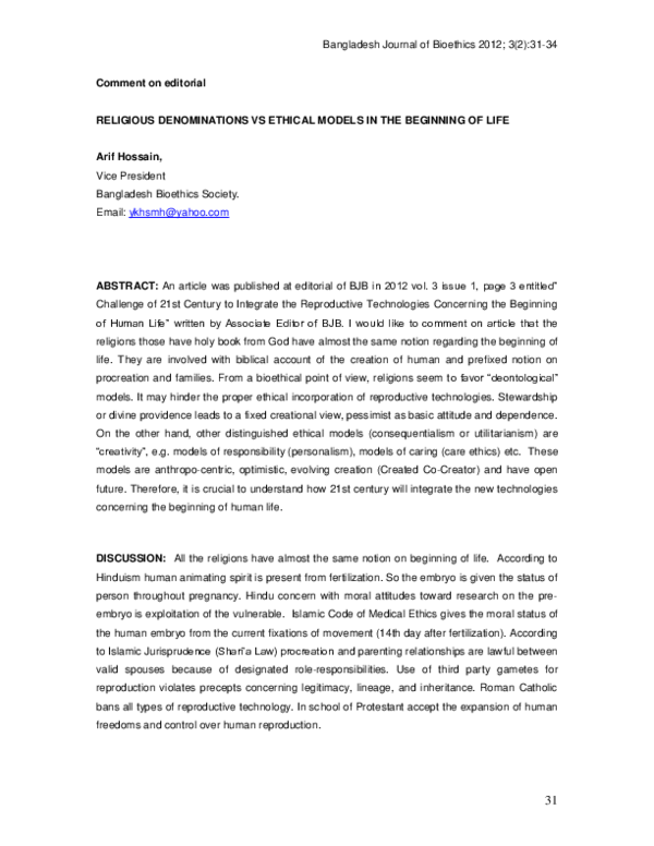 (PDF) Religious denominations vs ethical models in the beginning of life