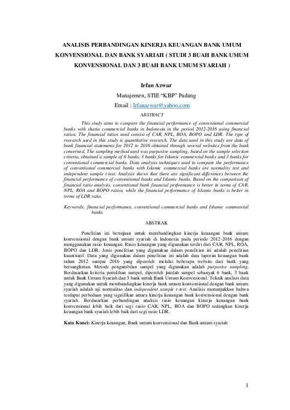 (PDF) Analisis Perbandingan Kinerja Keuangan Bank Umum Konvensional Dan Bank Syariah ( Studi 3 ...