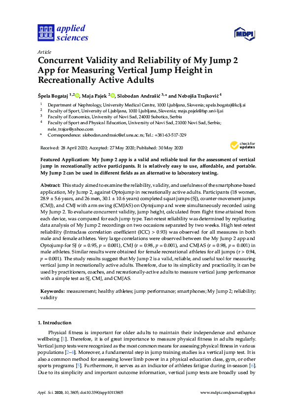 Pdf Concurrent Validity And Reliability Of My Jump 2 App For Measuring Vertical Jump Height In