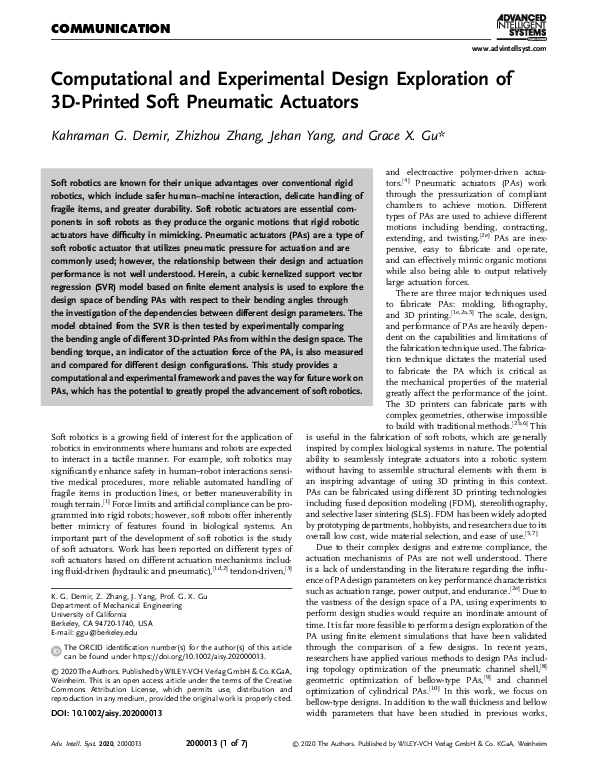 Pdf Computational And Experimental Design Exploration Of 3d Printed Soft Pneumatic Actuators