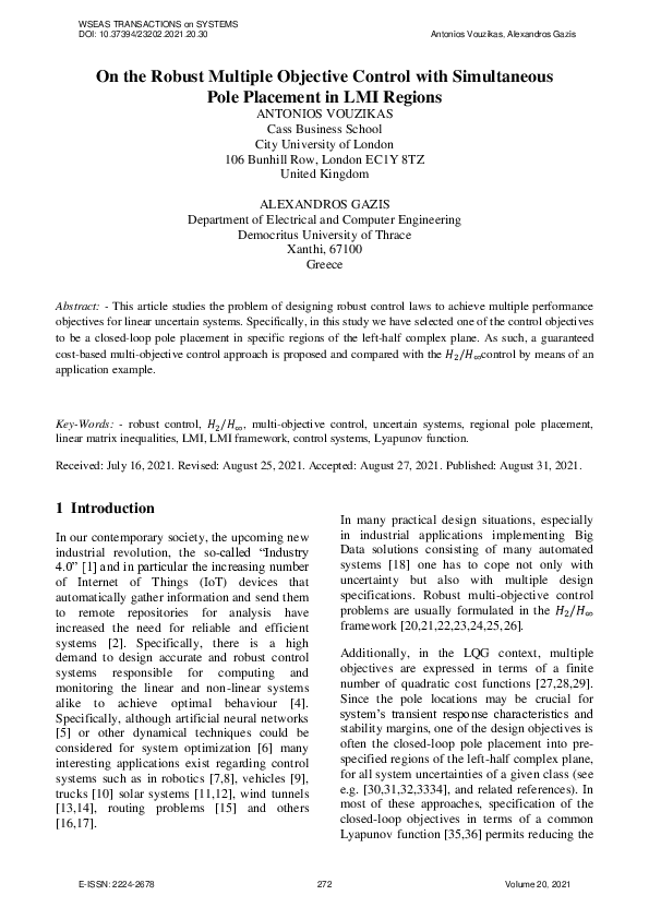 Pdf On The Robust Multiple Objective Control With Simultaneous Pole Placement In Lmi Regions