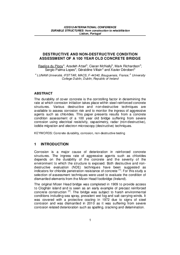 (PDF) Destructive and Non-Destructive Condition Assessment of a 100 Year Old Concrete Bridge