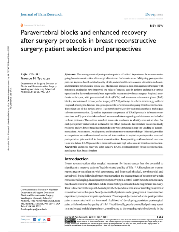 (PDF) Paravertebral blocks and enhanced recovery after surgery ...