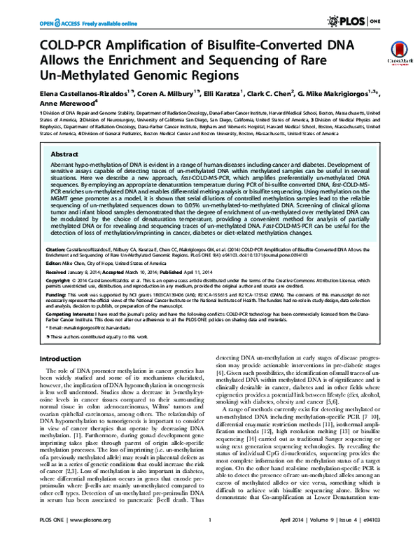 (PDF) COLD-PCR Amplification of Bisulfite-Converted DNA Allows the ...
