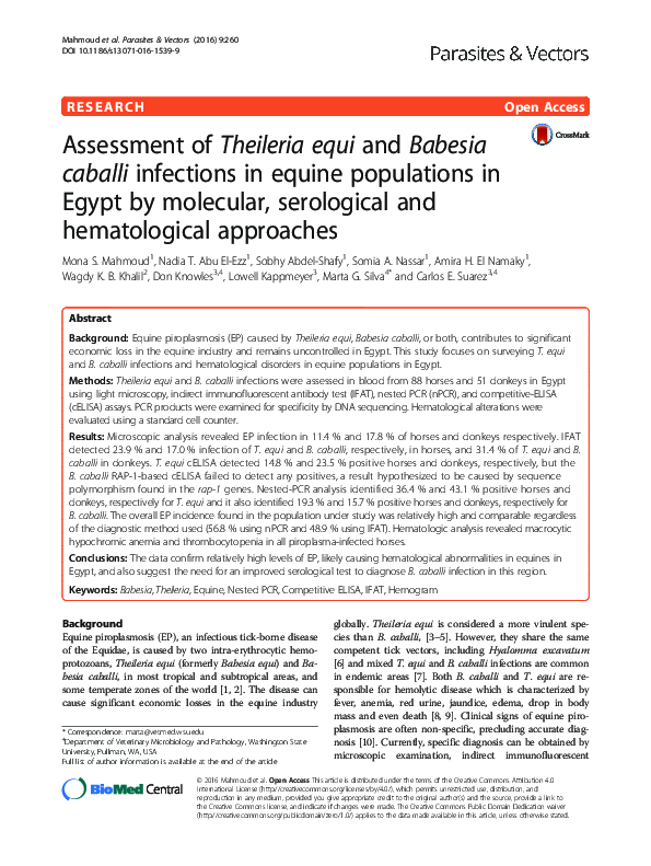 (PDF) Assessment of Theileria equi and Babesia caballi infections in ...