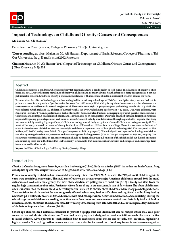 (PDF) Impact of Technology on Childhood Obesity: Causes and Consequences