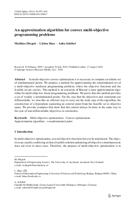Pdf An Approximation Algorithm For Convex Multi Objective Programming