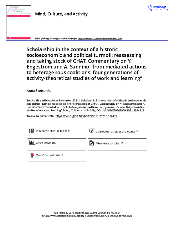 (PDF) Anna Stetsenko (2021). Scholarship in the context of a historic ...