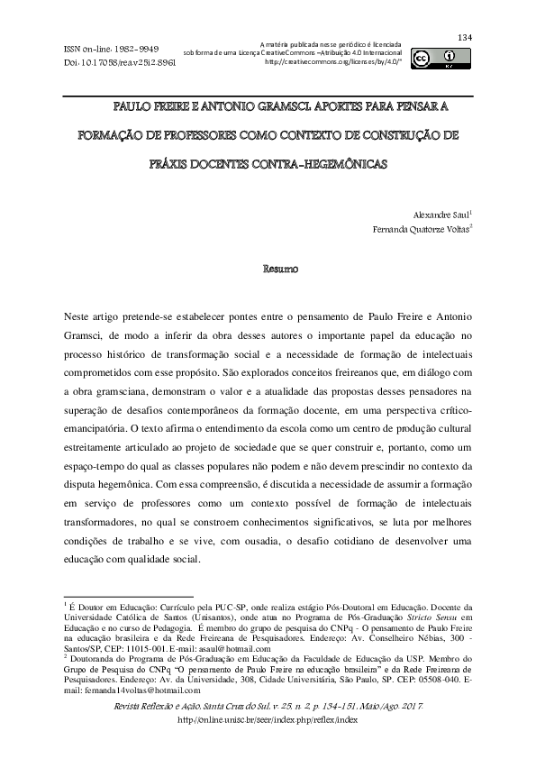 (PDF) Paulo Freire e Antônio Gramsci: aportes para pensar a formação de ...