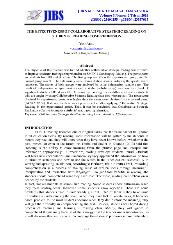 (PDF) The Effectiveness of Collaborative Strategic Reading on Students ...