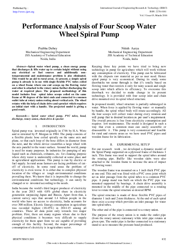(PDF) Performance Analysis of Four Scoop Water Wheel Spiral Pump