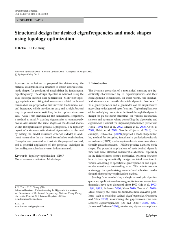 (PDF) Structural design for desired eigenfrequencies and mode shapes using topology optimization