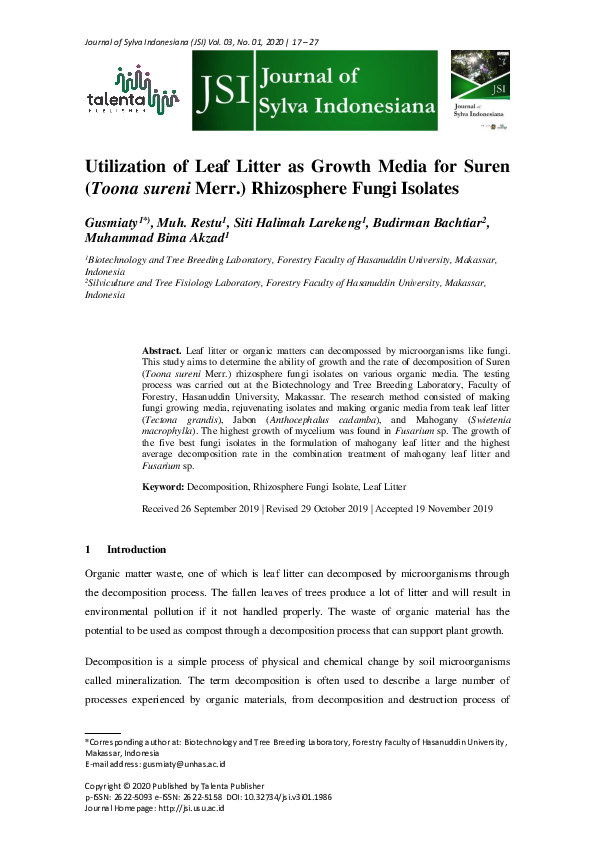 (PDF) Utilization of Leaf Litter as Growth Media for Suren (Toona ...