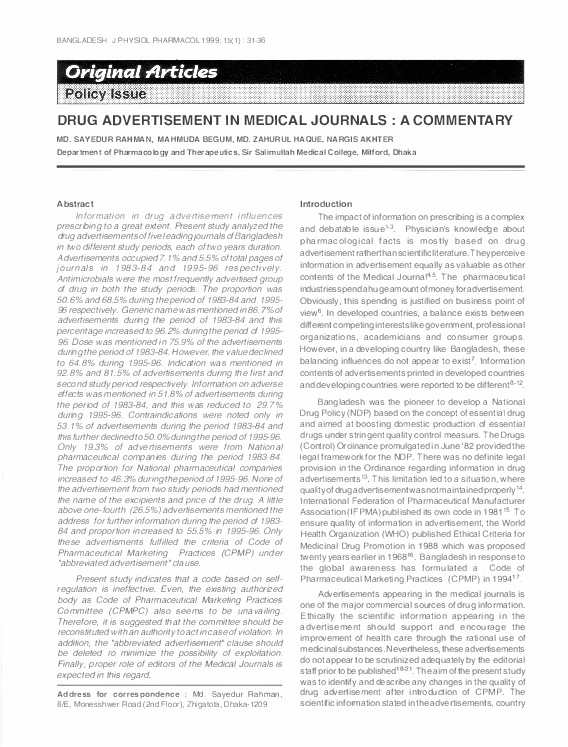 (PDF) Drug Advertisements in Medical Journals: A Commentary