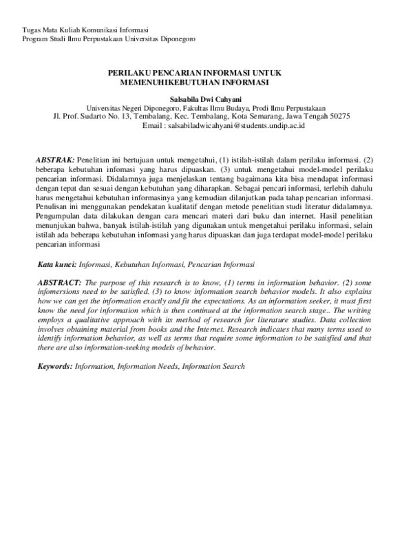 (PDF) PERILAKU PENCARIAN INFORMASI UNTUK MEMENUHI KEBUTUHAN INFORMASI