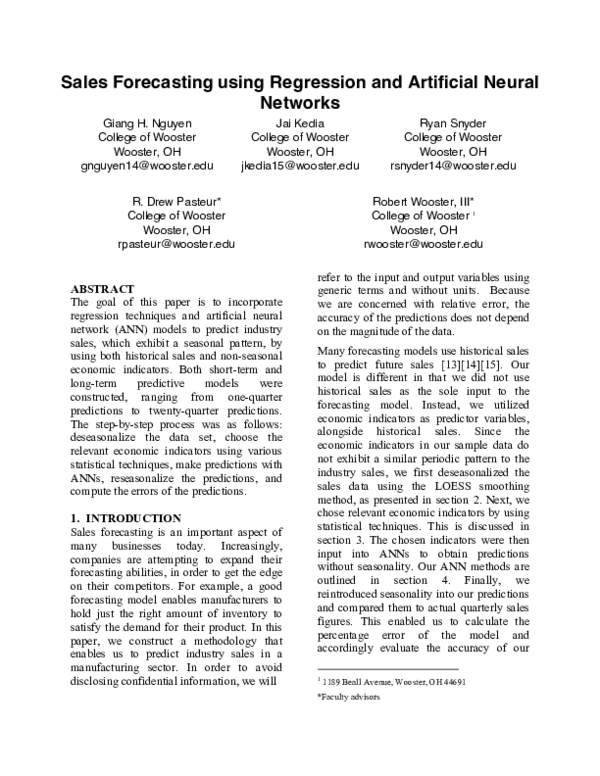 Pdf Sales Forecasting Using Regression And Artificial Neural Networks 3484