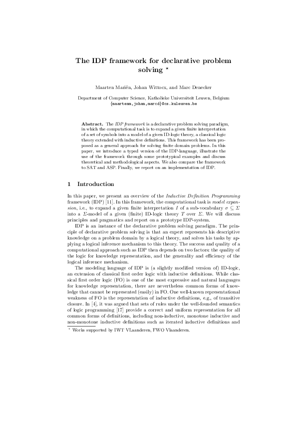 (PDF) The IDP framework for declarative problem solving