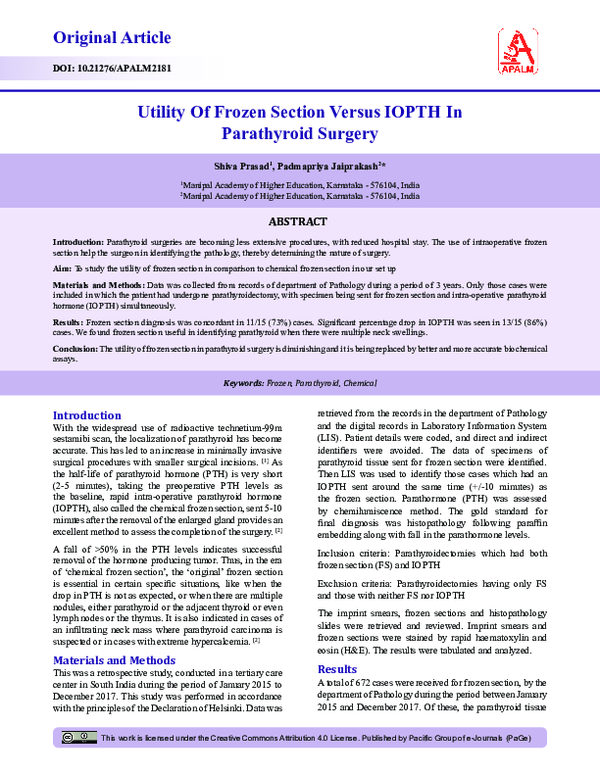 (PDF) Utility Of Frozen Section Versus IOPTH In Parathyroid Surgery