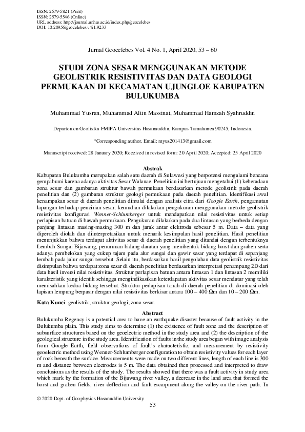 (PDF) Studi Zona Sesar Menggunakan Metode Geolistrik Resistivitas Dan Data Geologi Permukaan DI ...