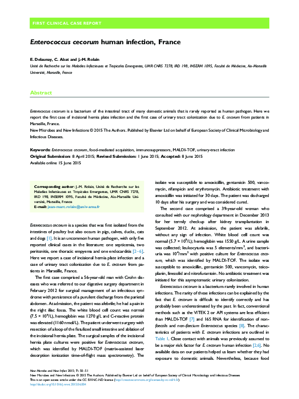 (PDF) Enterococcus cecorum human infection, France | cédric Abat ...