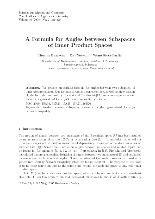 (PDF) A Formula for Angles between Subspaces of Inner Product Spaces