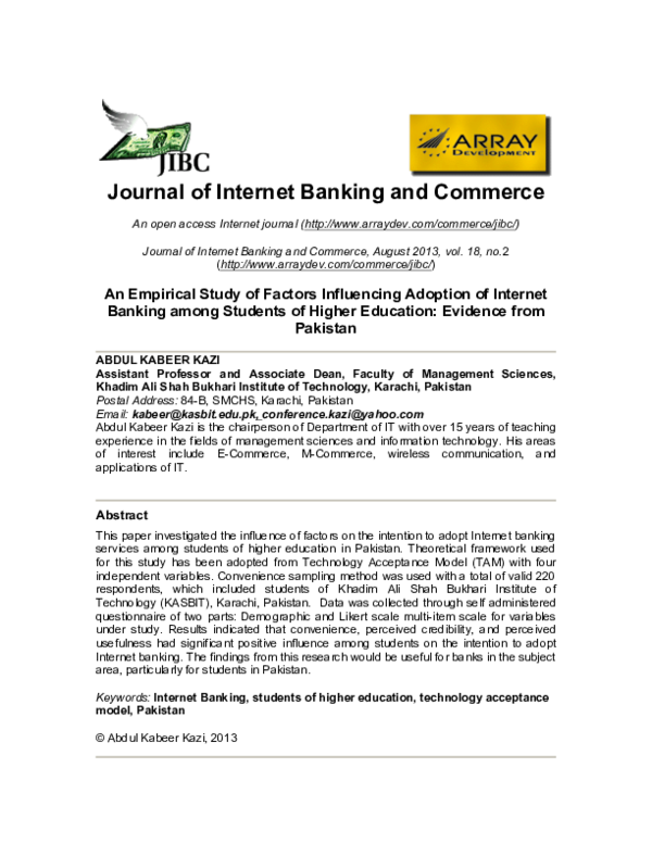 (PDF) An empirical study of factors influencing adoption of Internet banking among students of ...