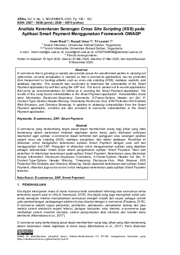 Pdf Analisis Kerentanan Serangan Cross Site Scripting Xss Pada Aplikasi Smart Payment