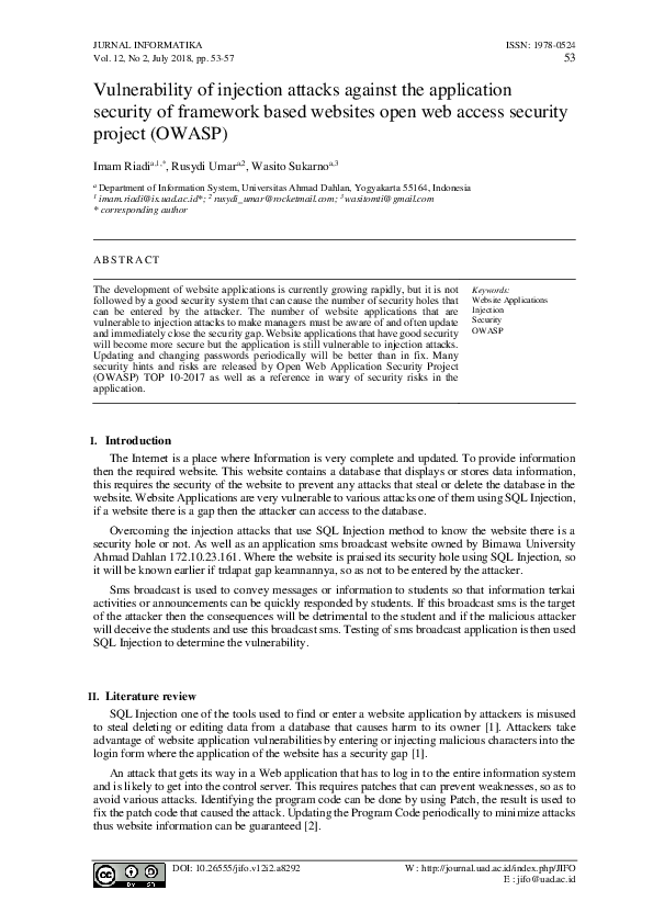 Pdf Vulnerability Of Injection Attacks Against The Application