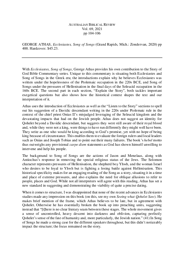 (PDF) Ecclesiastes, Song of Songs by George Athas review