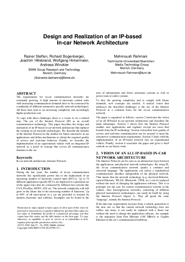 (PDF) Design and Realization of an IP-based In-car Network Architecture ...