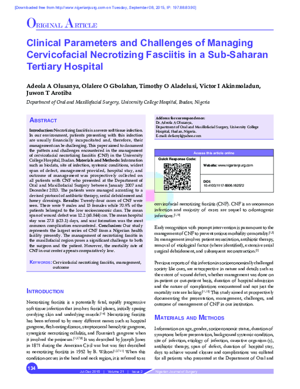 (PDF) Clinical parameters and challenges of managing cervicofacial ...
