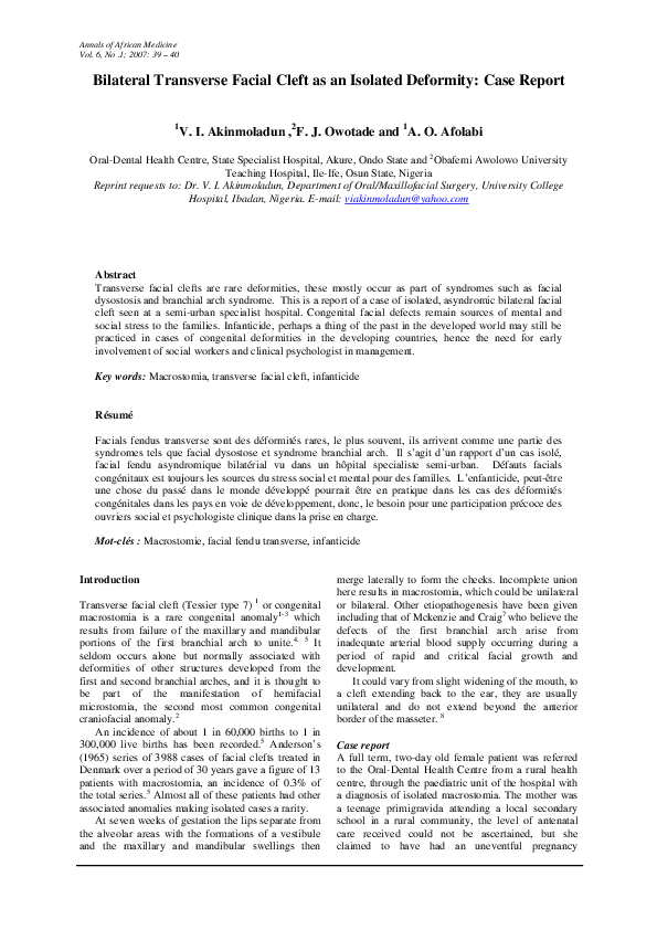 (PDF) Bilateral Transverse Facial Cleft as an Isolated Deformity ...