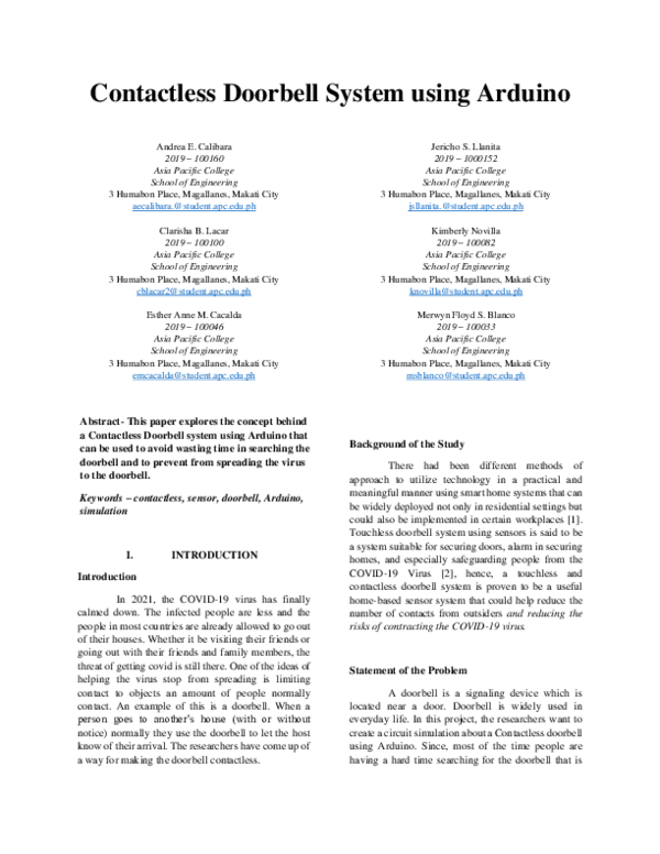 (PDF) Contactless Doorbell System using Arduino