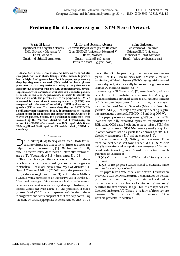 (PDF) Predicting blood glucose using an LSTM Neural Network