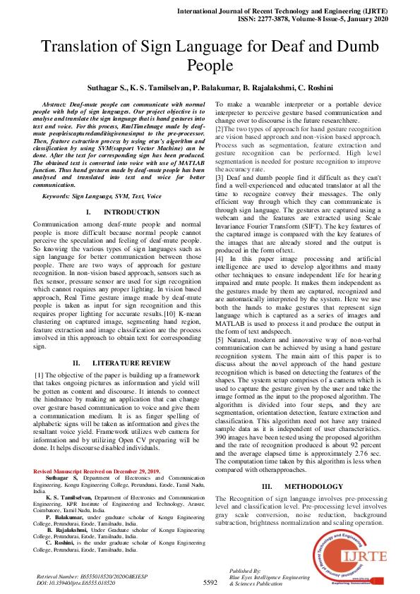 (PDF) Translation of Sign Language for Deaf and Dumb People
