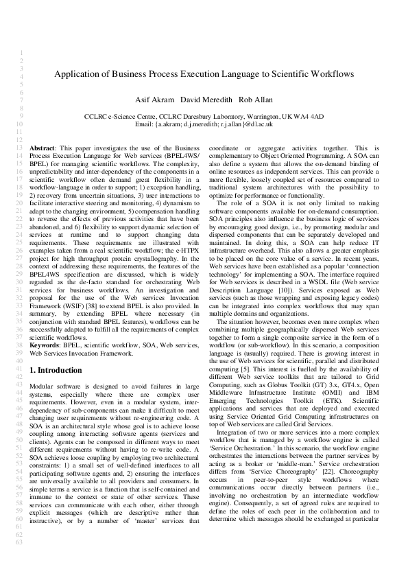 (PDF) Application of business process execution language to scientific workflows | Asif Akram ...
