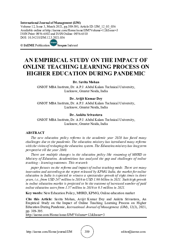 (PDF) AN EMPIRICAL STUDY ON THE IMPACT OF ONLINE TEACHING LEARNING ...