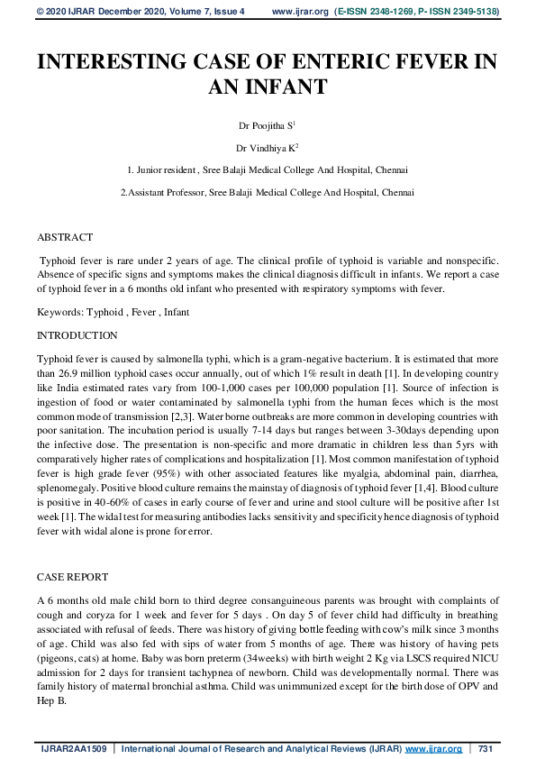 (PDF) INTERESTING CASE OF ENTERIC FEVER IN AN INFANT