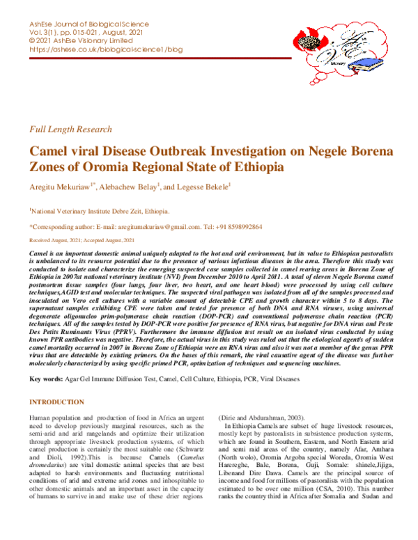 (PDF) Camel viral Disease Outbreak Investigation on Negele Borena Zones ...