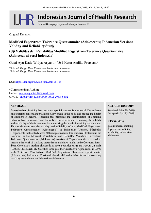 (PDF) Modified Fagerstrom Tolerance Questionnaire (Adolescents ...