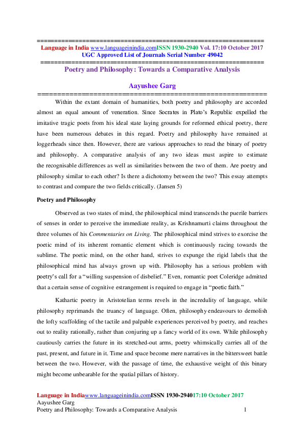 (PDF) Poetry and Philosophy: Towards a Comparative Analysis