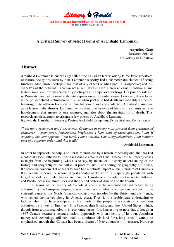 (PDF) A Critical Survey of Select Poems of Archibald Lampman
