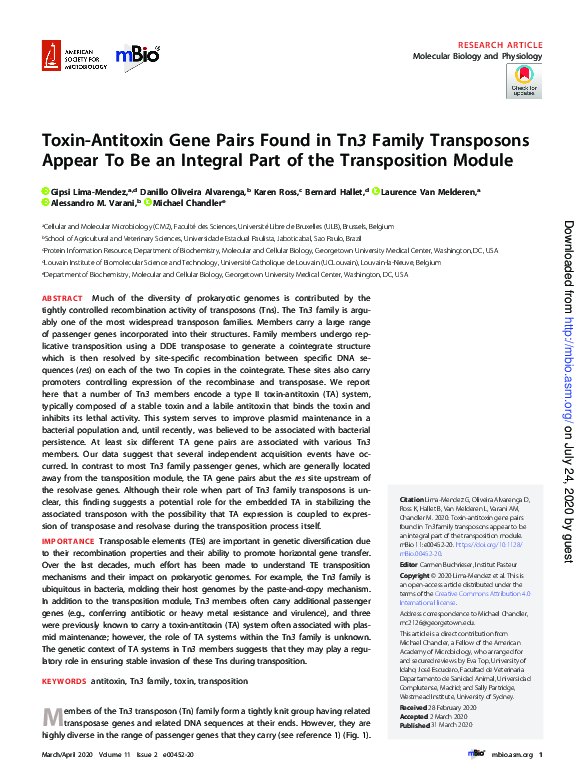 (PDF) Toxin-Antitoxin Gene Pairs Found in Tn3 Family Transposons Appear To Be an Integral Part ...