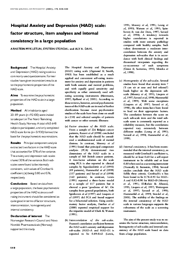 (PDF) Hospital Anxiety and Depression (HAD) scale: factor structure ...
