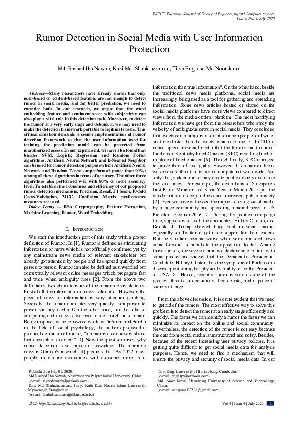 Pdf Rumor Detection In Social Media With User Information Protection