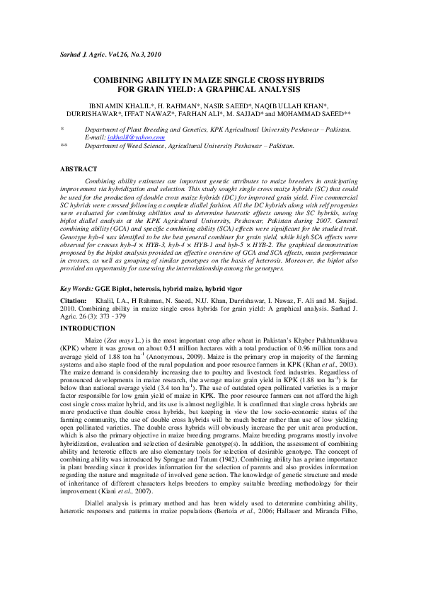 Pdf Combining Ability In Maize Single Cross Hybrids For Grain Yield