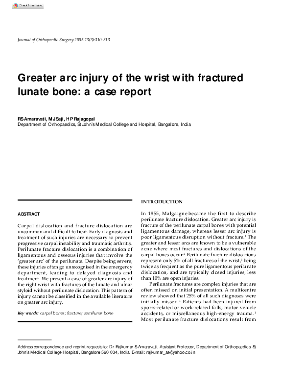 (PDF) Greater arc injury of the wrist with fractured lunate bone: a ...