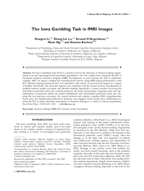 (PDF) The Iowa Gambling Task in fMRI images