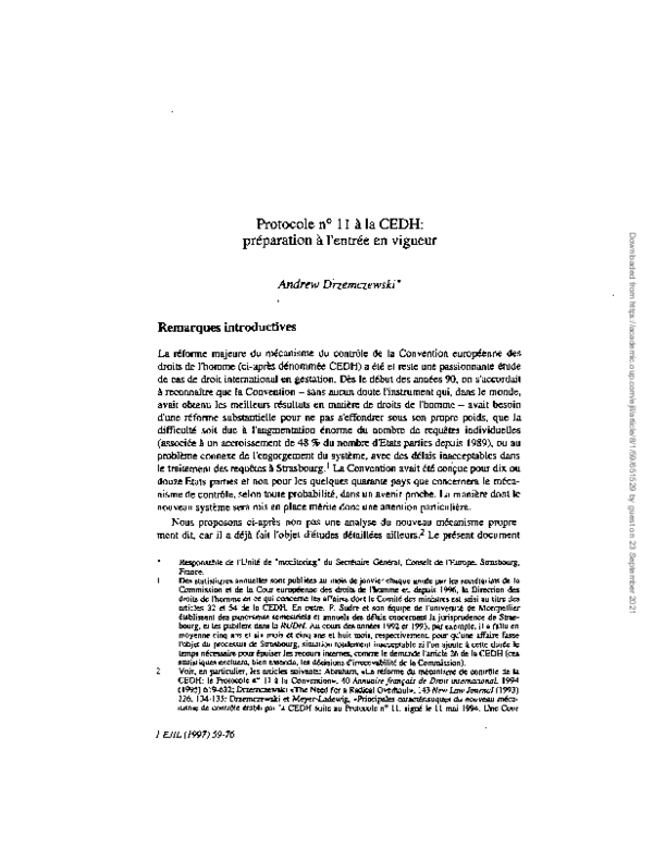 (PDF) Protocole n° 11 á la CEDH: préparation à l'entrée en vigueur